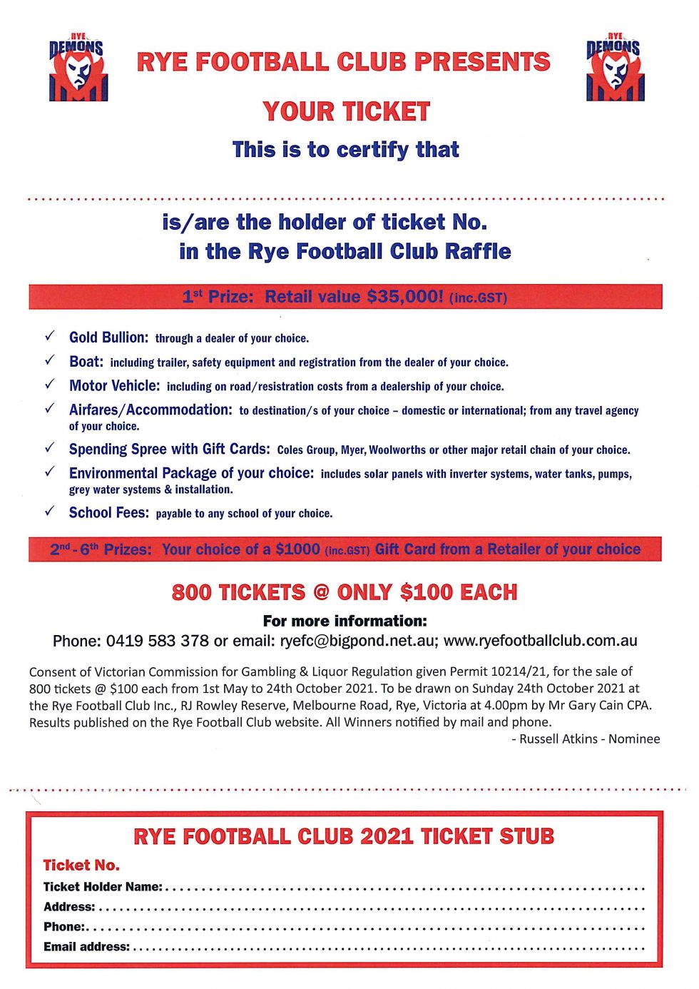 2022 $40,000 MAJOR RAFFLE | Rye Football & Netball Club